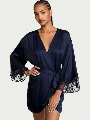 Victoria's Secret Dream Angels Satin & Lace Trim Robe - Blue