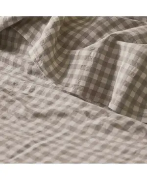 PIGLET IN BED Gingham Linen Flat Sheet - Mushroom Gingham