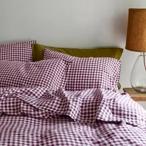 PIGLET IN BED Gingham Linen Flat Sheet - Berry Gingham