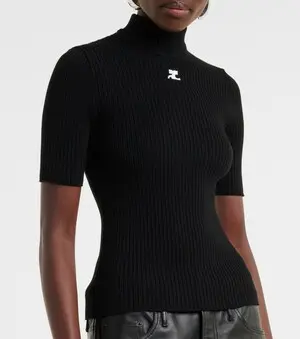 COURREGES Courrèges Ribbed Knit High Neck Top - Black
