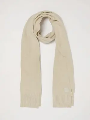 BOSS Rectangular Wool And Cotton Scarf With Ribbed Edges And Logo - Beige