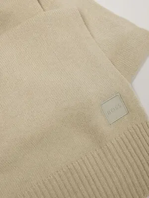 BOSS Rectangular Wool And Cotton Scarf With Ribbed Edges And Logo - Beige