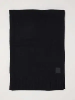 BOSS Rectangular Wool And Cotton Scarf With Ribbed Edges And Logo - Blue