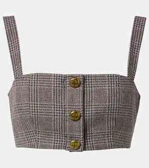 SELF-PORTRAIT Checked Cotton And Linen Bra Top - Brown