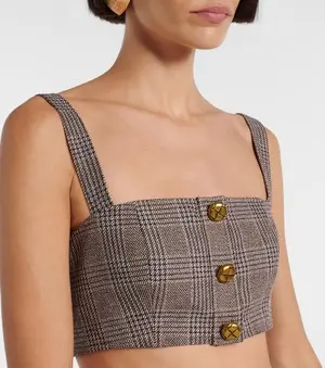 SELF-PORTRAIT Checked Cotton And Linen Bra Top