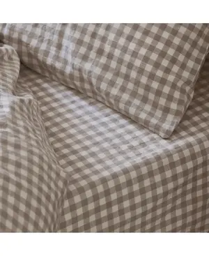 PIGLET IN BED Gingham Linen Fitted Sheet - Mushroom Gingham