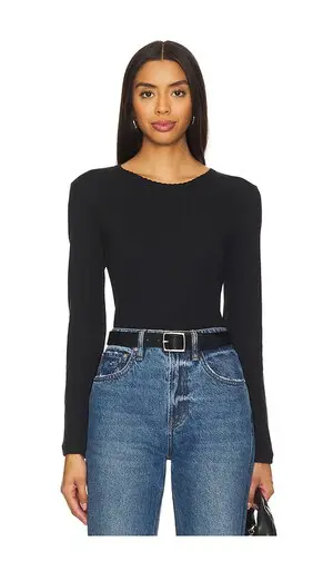 LESET Pointelle Long Sleeve Top - Black