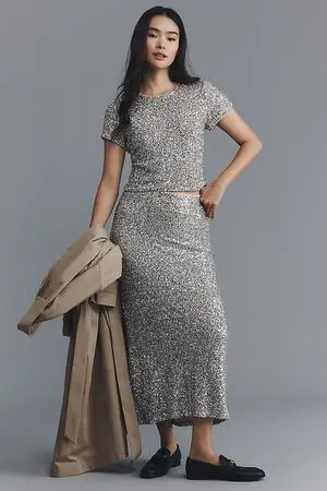 Anthropologie Tilda Sequin Maxi Slip Skirt - Silver