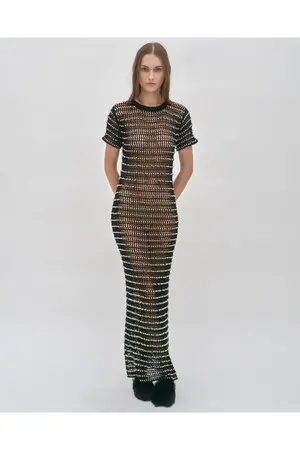 Rosetta Getty Beaded Crochet Short Sleeve Dress