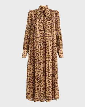 Zimmermann Zimmermann Leopard Midi Shirtdress With Tie Neck - Leopard