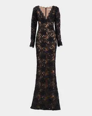 Tadashi Shoji SHO By Tadashi Shoji Eyelash Floral Lace Gown - Black/nude