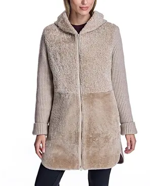 MAXIMILIAN Hooded Shearling Coat With Knit Trim - Caffe Latte