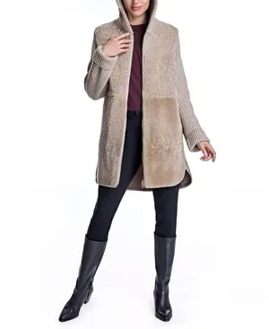 MAXIMILIAN Hooded Shearling Coat With Knit Trim - Caffe Latte