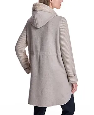 MAXIMILIAN Hooded Shearling Coat With Knit Trim - Caffe Latte