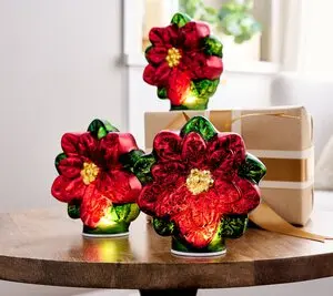 VALERIE PARR HILL Set Of 3 Illuminated Mercury Glass Poinsettias Valerie - One-color