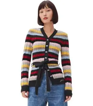 GANNI Striped Wool Cardigan With Belt - Multicolor