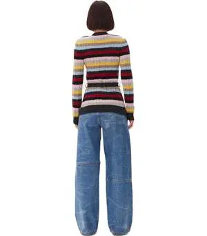 GANNI Striped Wool Cardigan With Belt - Multicolor