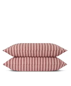 PIGLET IN BED Pembroke Stripe Linen Blend Pillowcases - Rhubarb/rose