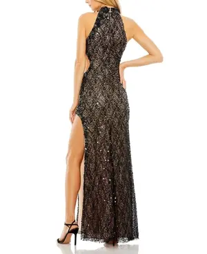 Mac Duggal Side Cut Out High Slit Sequin Gown