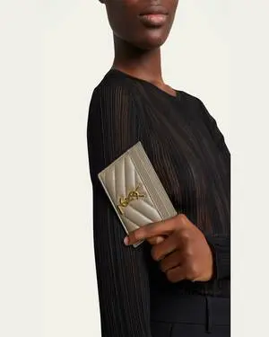 Saint Laurent Monogram Card Case In Quilted Smooth Leather - Greyish Brown