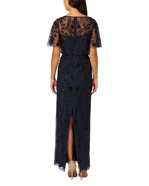 Adrianna Papell Beaded Mesh Blouson Column Gown