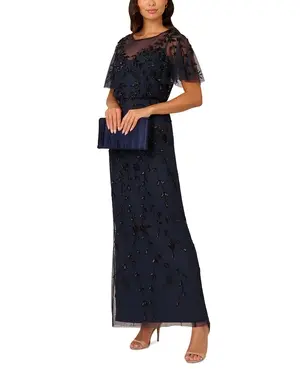 Adrianna Papell Beaded Mesh Blouson Column Gown