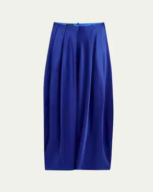 Giorgio Armani Double Silk Satin Pleated Midi Skirt - Blue