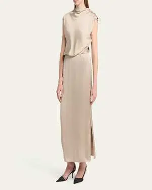 Giorgio Armani Long Double Satin Cowl-neck Dress - Biege
