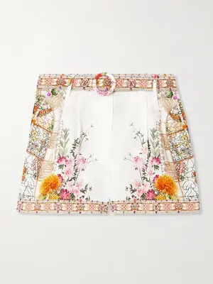Camilla Belted Crystal-embellished Floral-print Linen Shorts
