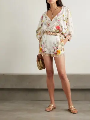 Camilla Belted Crystal-embellished Floral-print Linen Shorts