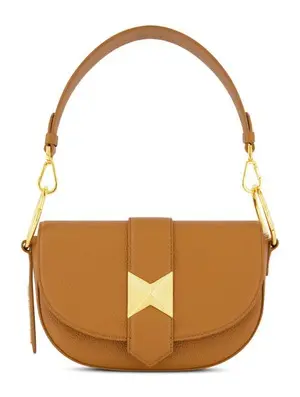 Mac Duggal Grain Leather Saddle Bag With Gold Hardware - Toffee