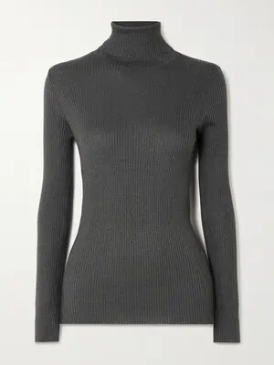 Brunello Cucinelli Ribbed Metallic Cashmere-blend Turtleneck Sweater - Dark Gray