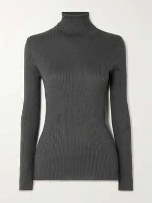 Brunello Cucinelli Ribbed Metallic Cashmere-blend Turtleneck Sweater - Dark Gray