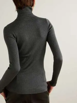 Brunello Cucinelli Ribbed Metallic Cashmere-blend Turtleneck Sweater - Dark Gray