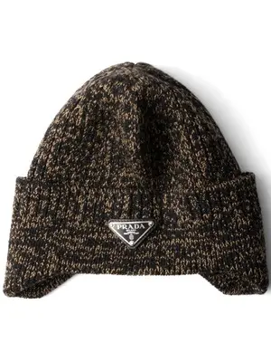 Prada Enamel-logo Mélange Wool Beanie - Black