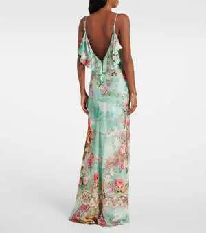 Camilla Printed Ruffled Satin Slip Dress