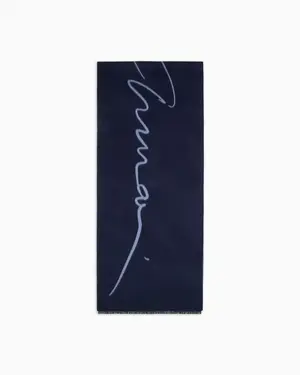 Giorgio Armani Two-tone Wool And Silk Scarf With Signature Logo - Blue