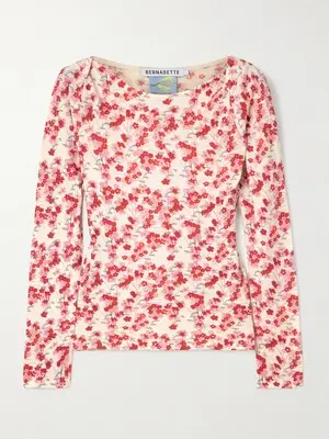 Bernadette Luke Waffle-knit Floral-print Silk-blend Top