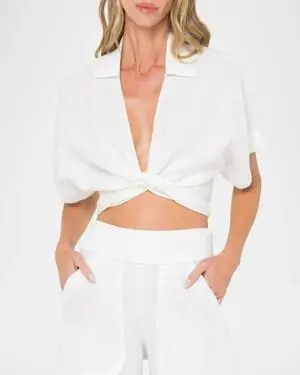 JBQ Chiara Linen-blend Wrap Top - White