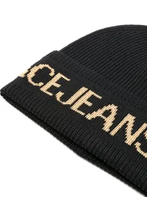 Versace Logo-intarsia Knitted Beanie - Black