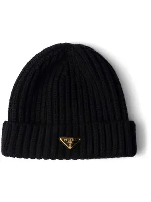 Prada Triangle-logo Ribbed Beanie - Black