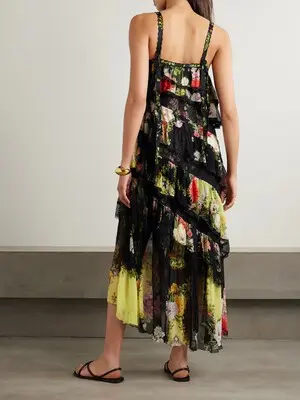 Camilla Asymmetric Crystal-embellished Lace-trimmed Floral-print Silk-crepon Midi Dress