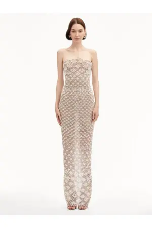 Oscar De La Renta Pearl Embroidered Scallop Gown - Red | Editorialist
