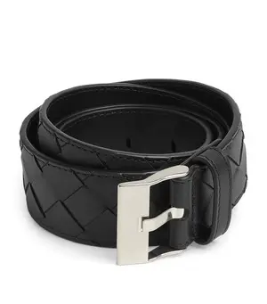Bottega Veneta Leather Intrecciato Watch Buckle Belt Grey