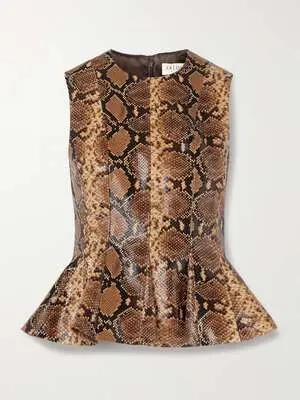 SALON 1884 Izabel Paneled Snake-effect Leather Peplum Top