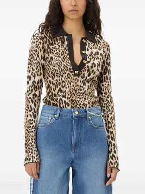 GANNI Leopard Print Long Sleeve Top - Brown