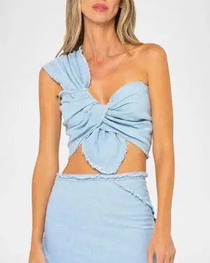 JBQ Sol Chambray Twist-front Crop Top - Sky