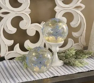 VALERIE PARR HILL Set Of 2 6' Lit Crackle Glass Spheres With Snow Valerie - One-color