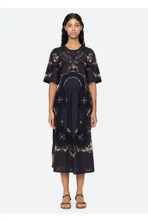 Embroidered Short Sleeve Midi Dresses