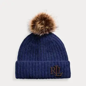Ralph Lauren Leather-trim Pom-pom Rib-knit Beanie - Navy Blue